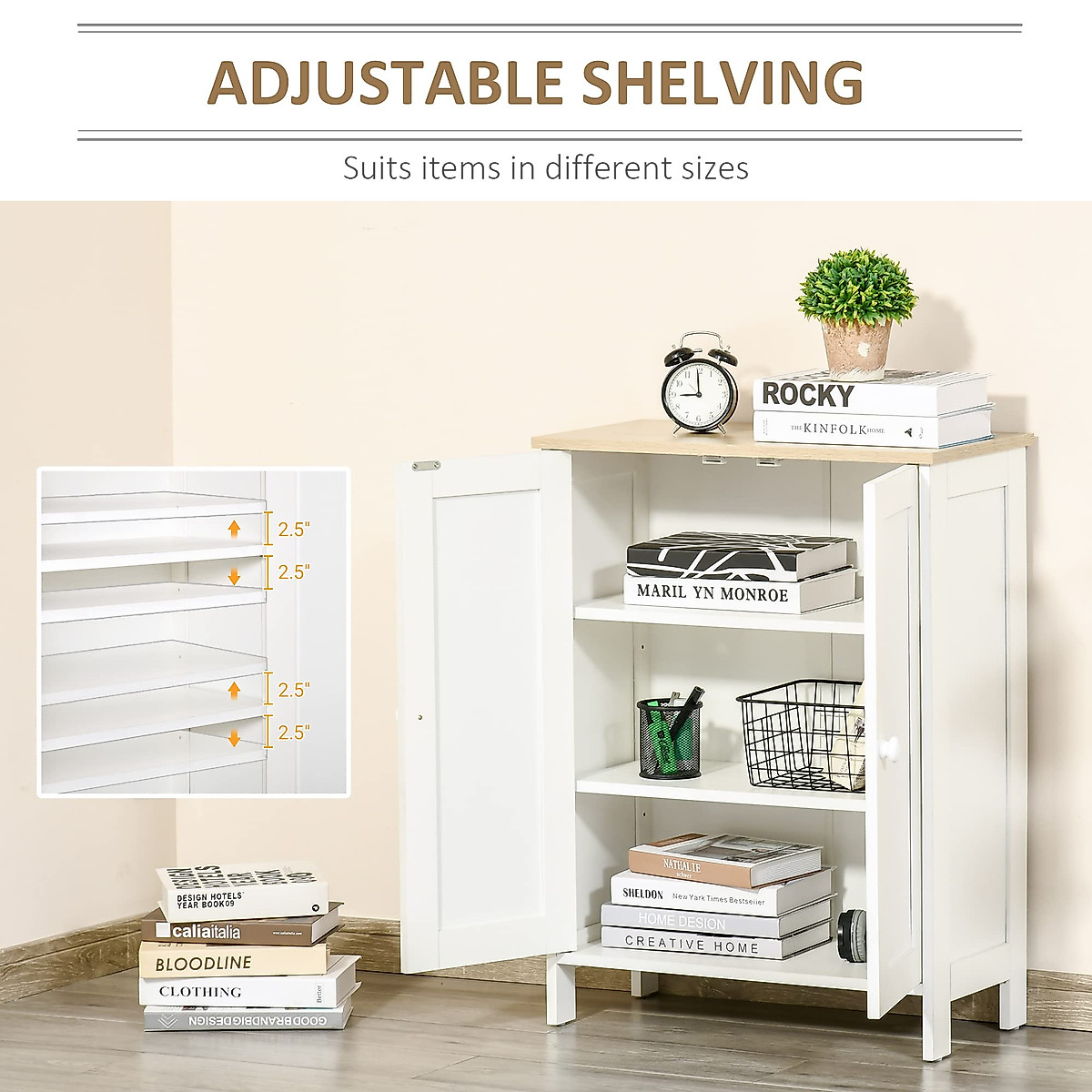 HOMCOM Storage Cabinet, Double Door Cupboard with 2 Adjustable Shelves, for Living Room, Bedroom, or Hallway, White