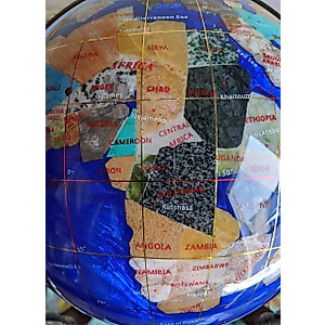 Limited Edition! Unique Art Since 1996 Blue Pearl Swirl Table Top Gemstone World Globe with Silver Zinc Alloy Stand (220MM/9 INCHES 4 LEG/BLUE PEARL OCEAN)