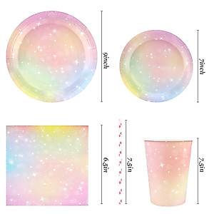 Pastel Birthday Party Supplies Decorations, Rainbow Theme Birthday Paper Plates and Napkins Set with Cups and Straws for 24 Guests, 120 Pcs Disposable Party Dessert Dinnerwares