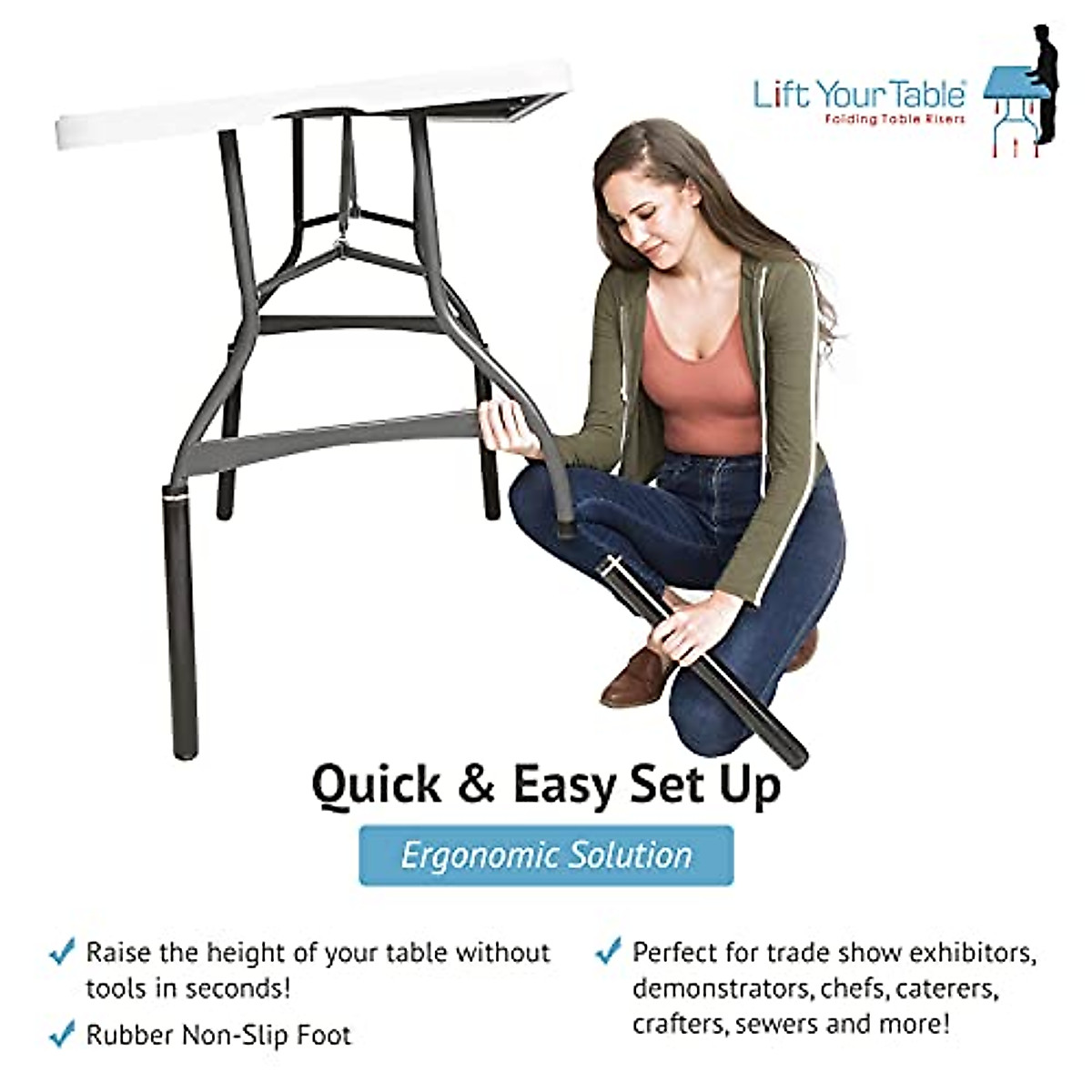 Lift Your Table® Folding Table Risers, Made in The USA, Standing Desk Kit, Easy-to-Use Bent Leg Folding Table Extensions, Raises Folding Tables 14” Inches. Durable, Sturdy. Set of 4, Black