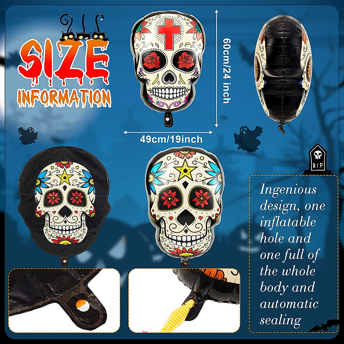 Zomiboo 6 Pieces Day of The Dead Sugar Skull Party Balloons Halloween Skull Balloons Halloween Decoration Balloons for Halloween Sugar Skull Party Decoration, 6 Styles