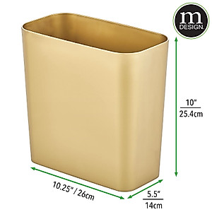mDesign Small Plastic 1.8 Gallon Trash Can Wastebasket Garbage Bin for Bathroom - Slim Rubbish Waste Bin Trashcan for Master/Guest Bath, Bedroom, Kitchen, Laundry Room, Casi Collection, Soft Brass