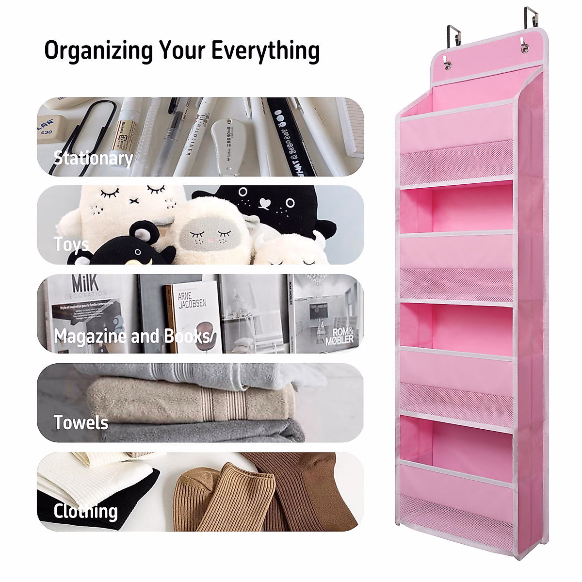 Over Door Hanging Organizer with 4 Large Capacity Pockets, Ideal Storage for Closet, Bathroom, Nursery, Bedroom, Dorm, Toys, Cosmetics, and Baby Essentials, Pink
