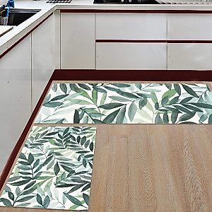 Z&L Home Watercolor Fresh Green Leaves Kitchen Rug Sets 2 Piece Floor Mat Non-Slip Rubber Backing Area Runners Door Mats, Natural Plant Indoor Washable Carpet