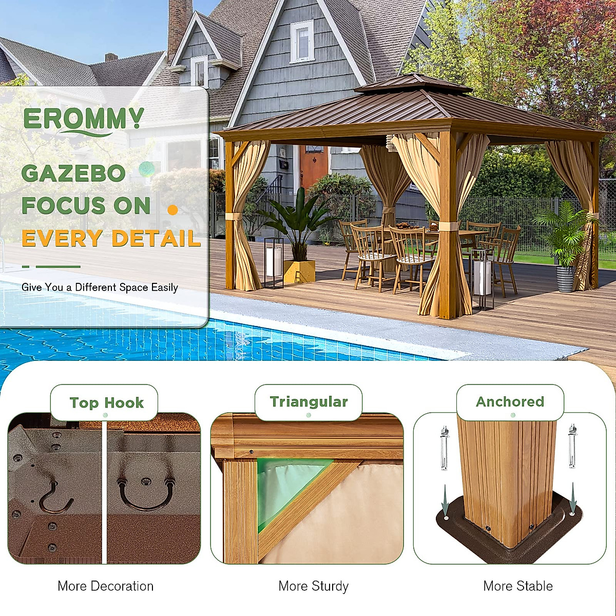 EROMMY 12' x 12' Gazebo, Wooden Finish Coated Aluminum Frame Canopy with Double Galvanized Steel Hardtop Roof, Outdoor Permanent Metal Pavilion with Curtains and Nettings for Patio, Backyard and Deck