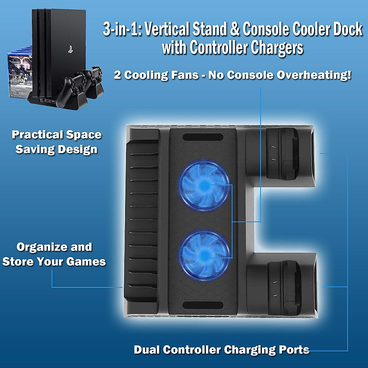 Deco Gear Vertical Dual Controller Charging Dock for PS4/ PS4 Slim/ PS4 Pro with 2 High Speed Cooling Fans and Slot for 12 Games