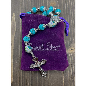 Nazareth Store Catholic Turquoise Marble Beads Rosary Flowers Beaded Necklace Miraculous Medal Cross Crucifix Silver Tone Rosaries in Velvet Bag