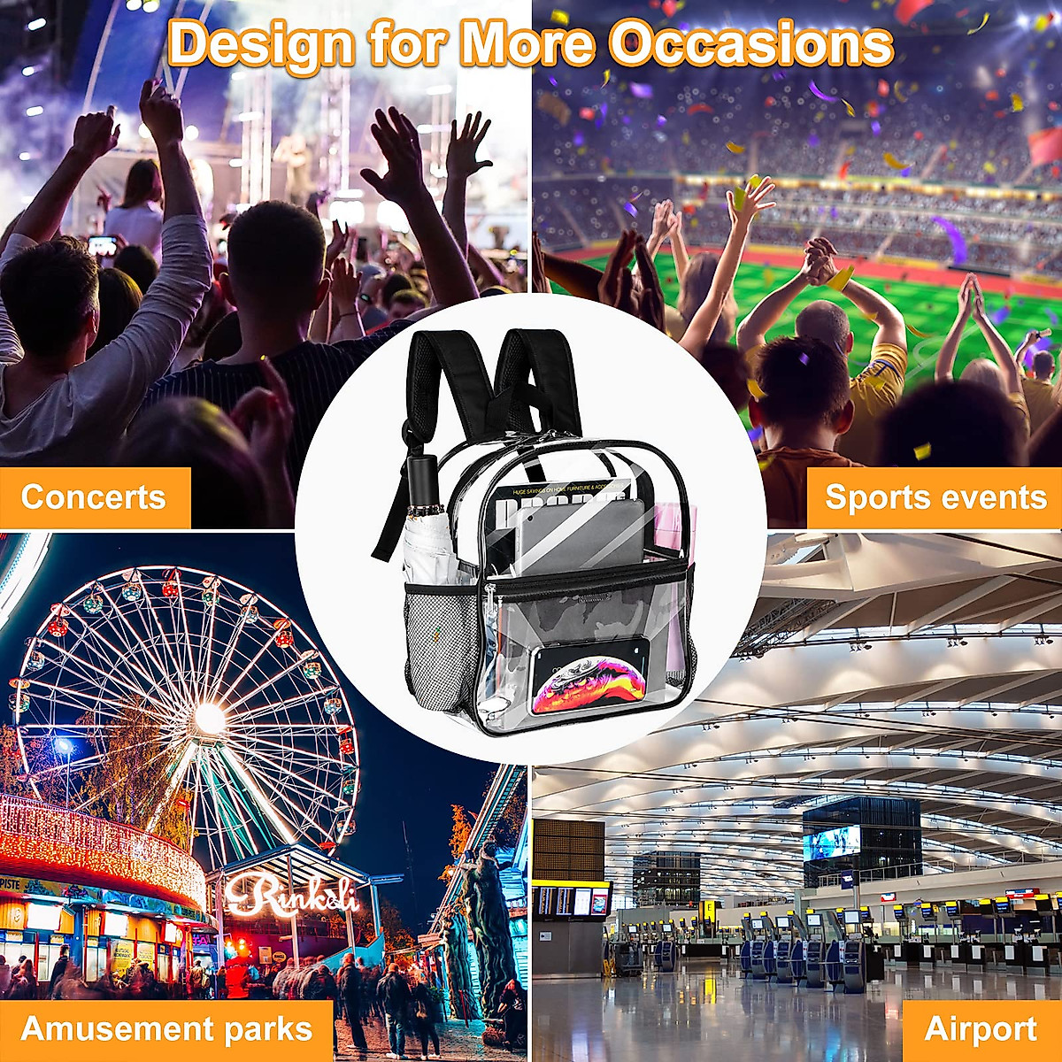 2 Pieces Clear Mini Backpack Stadium Approved 12x12x6 Stadium Backpack with 2 Water Holders Heavy Duty Clear Bookbag See Through Transparent Backpack for Concert Work Sport Games Festival Venues