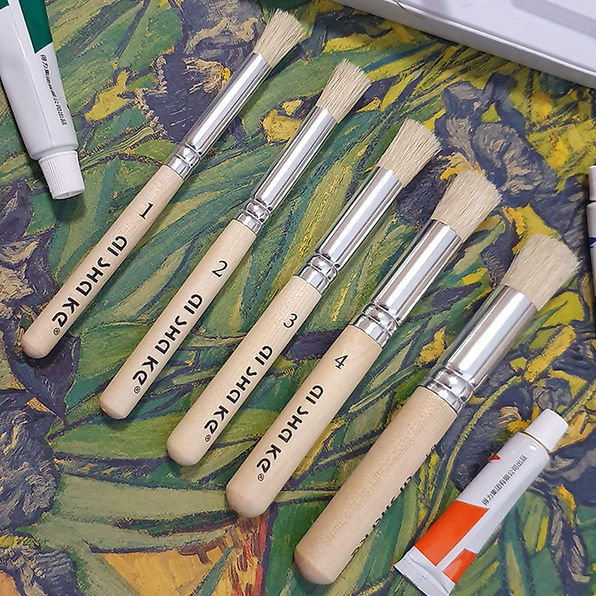 Auhoahsil Stencil Brushes Set, 5 Pcs Natural Bristle Wooden Handle Template Brushes for Wood Wall Model House Painting, Stencil Projects, Card Making, DIY, Crafts and Acrylic Oil Watercolor Painting