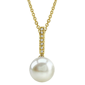 The Pearl Source 14K Gold 9-10mm Round White Freshwater Cultured Pearl & Diamond Dangling Pendant Necklace for Women