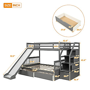 Twin Over Full bunk Bed with Drawers,Storage and Slide - Twin Over Full Bed Frame for Kids, Teens Bedroom, Guest Room Furniture, No Box Spring Needed