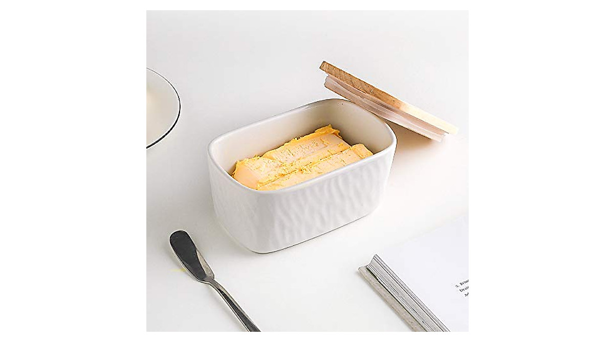 KOOV Porcelain Large Butter Dish with Airtight Oak Lid for Fresh Butter