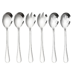 ARFUKA Salad Servers Stainless Steel Salad Serving Set Salad Spoon and Fork Set Kitchen Cooking Utensil Cutlery Gifts Silver, Set of 6