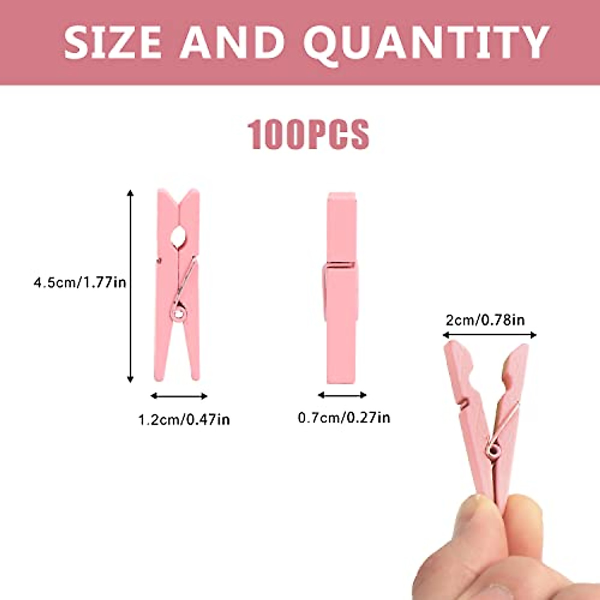 KIMOBER 1.77Inch Wooden Clothespins,Pink Craft Wood Clothes Pins Pegs Clips for Hanging Photos,Paper Crafts,100PCS