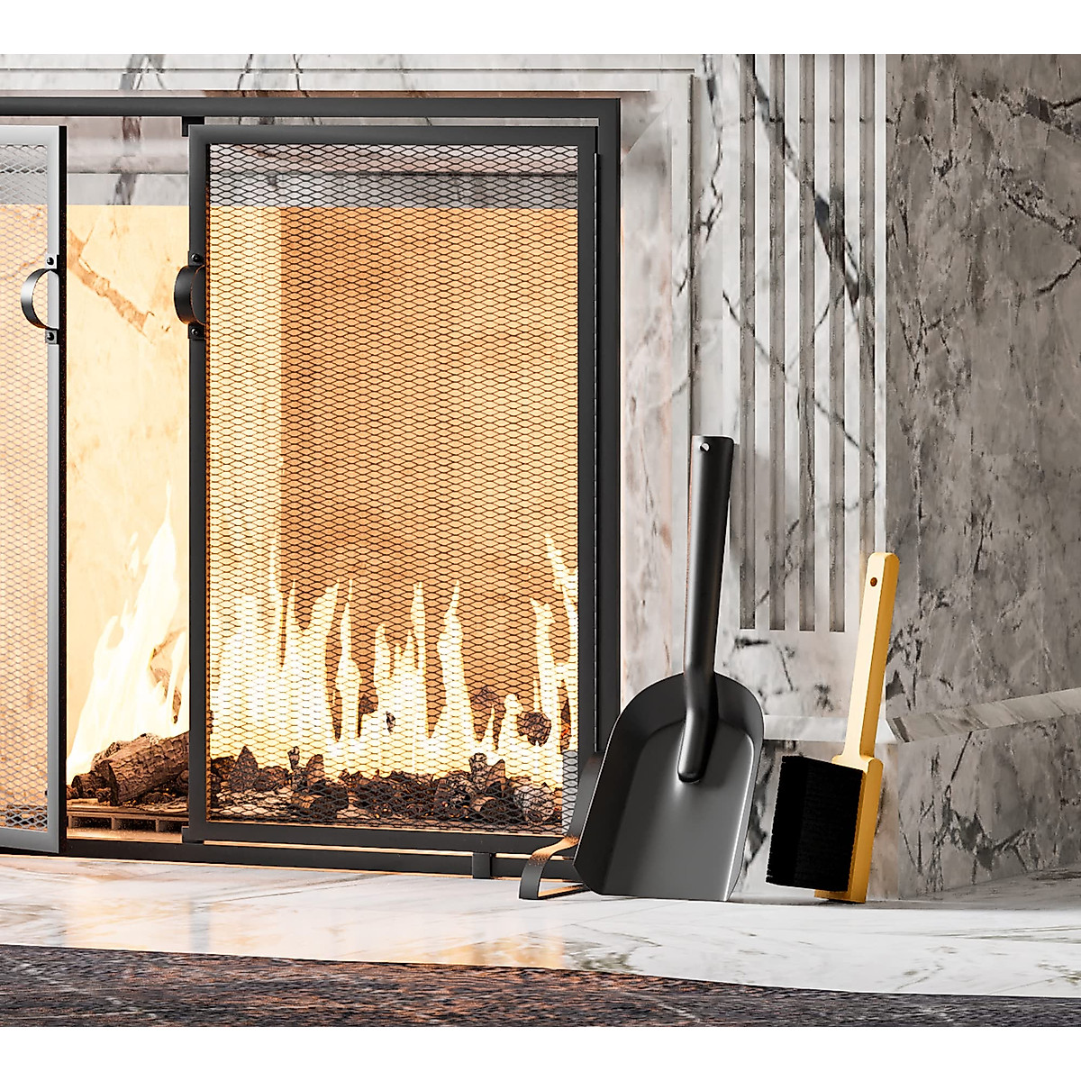 Kingson Fireplace Shovel Black Ash Shovel and Brush, Dustpan Set Small, Durable Steel, Set with Fireplace Dustpan and Brush, Coal Shovel