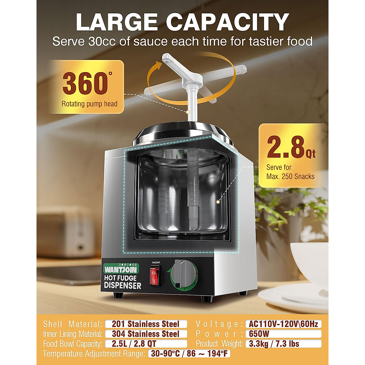 WantJoin Nacho Cheese Dispenser with Pump,2.8Qt Nacho Cheese Warmer,Stainless Steel Hot Fudge Warmer W/5-Level Temperature Adjustment,Commercial Hot Fudge Dispenser for Hot Fudge Cheese Caramel