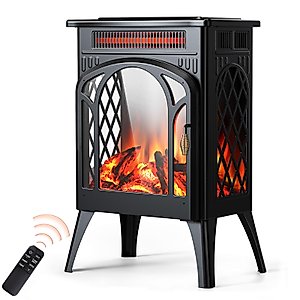 Rintuf Small Electric Fireplace Heater, 1500W Infrared Fireplace Stove with 3D Flame Effect, Adjustable Thermostat, 8H Timer, Remote Control, Freestanding Space Heaters for Indoor Use Large Room Safe