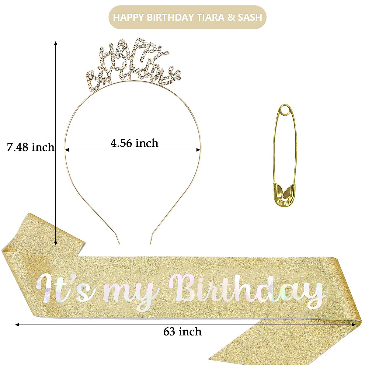 Ondder Gold Birthday Sash and Tiara for Women Birthday Party Decorations for Women Girls
