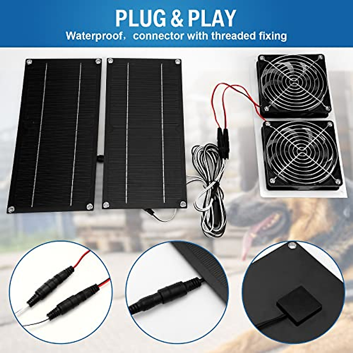 Solar Panel Fan Kit 10W 12V Solar Powered Dual Fan Waterproof Solar Exhaust Fan Outdoor Portable Solar Ventilation Fan Solar Attic Fan with Cable for Chicken Coop Greenhouse Shed Pet Houses Window