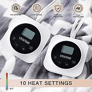 VENTIMI Electric Blanket Queen Size 84"x90", Heated Blanket with Dual Controllers, 10 Heating Levels & 1-12 Hours Auto Off Fast Heating Blanket, ETL Certificated, Grey