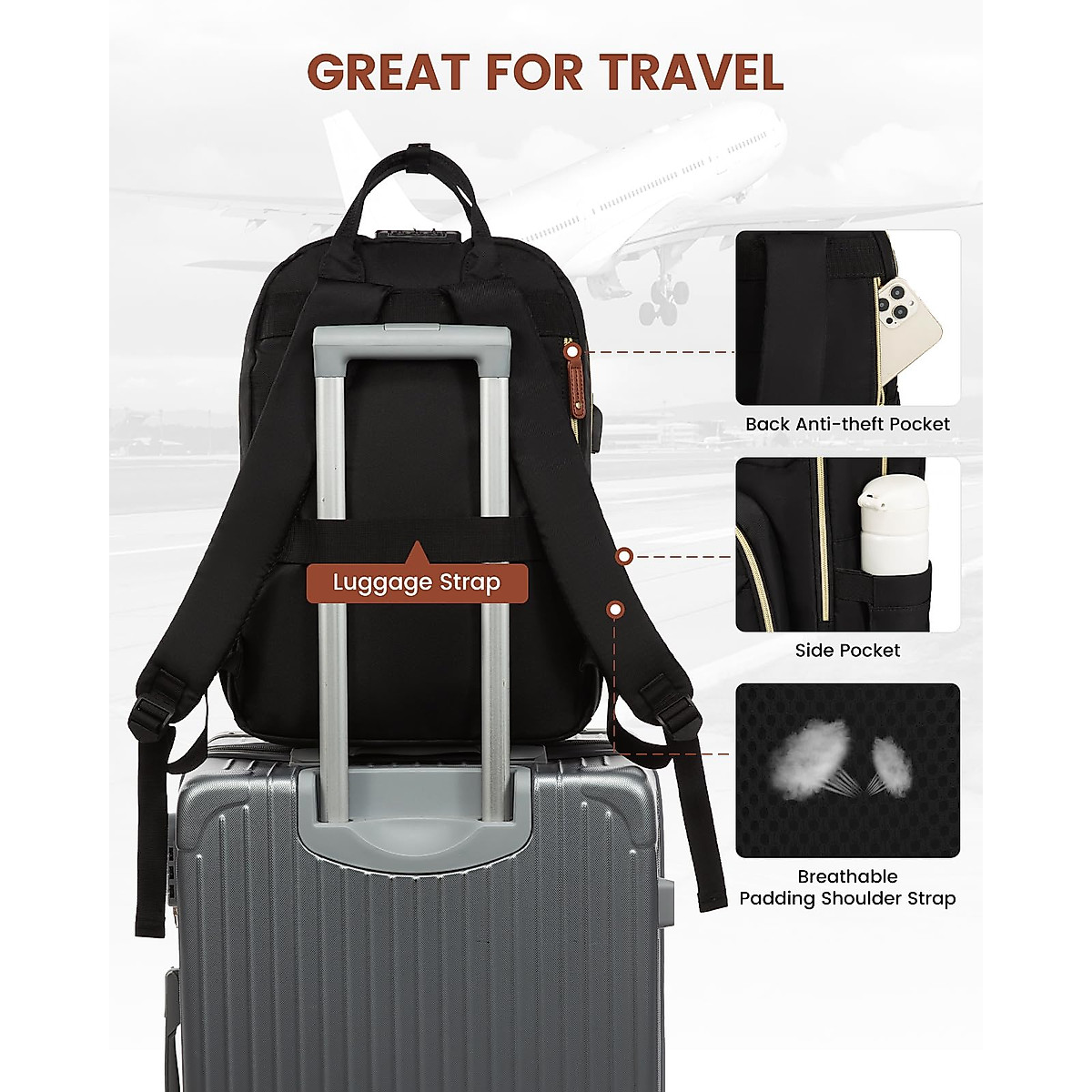 LOVEVOOK Laptop Backpack for Women & Men, Unisex Travel Anti-theft Bag Business Computer Backpacks Purse College Bag, Casual Hiking Daypack with Lock, 17 Inch, Black