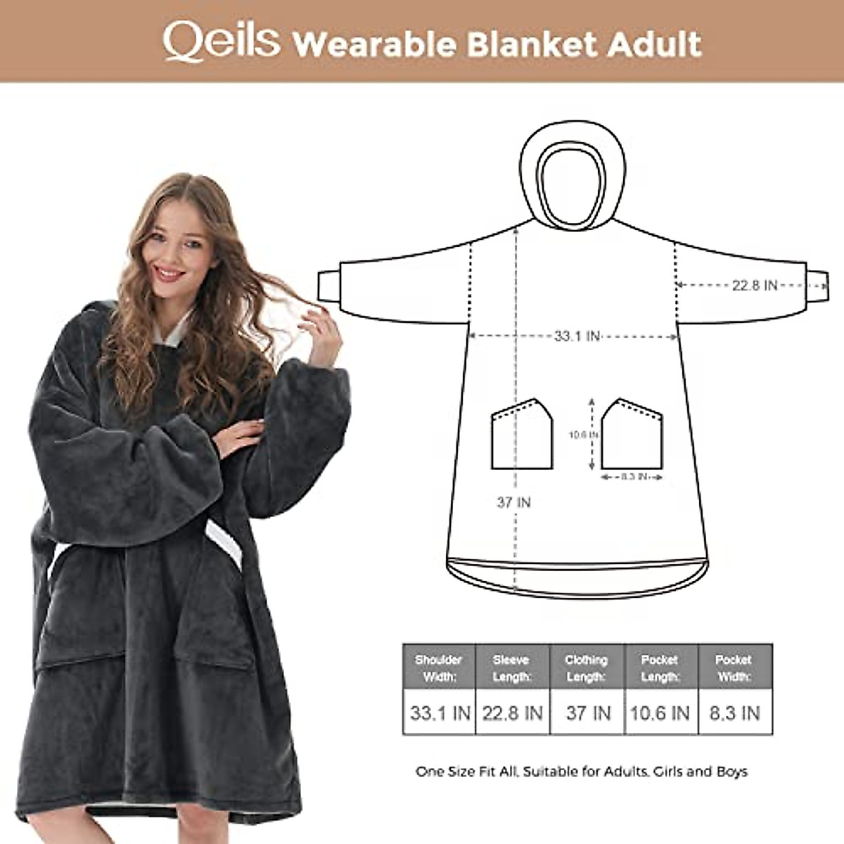 Qeils Oversized Wearable Blanket Hoodie | Hooded Blanket Sweatshirt with Deep Pockets, Cozy Warm Fleece Sherpa Blanket,Gifts for Adults Mom Wife Girlfriend Men (Black, Adult)