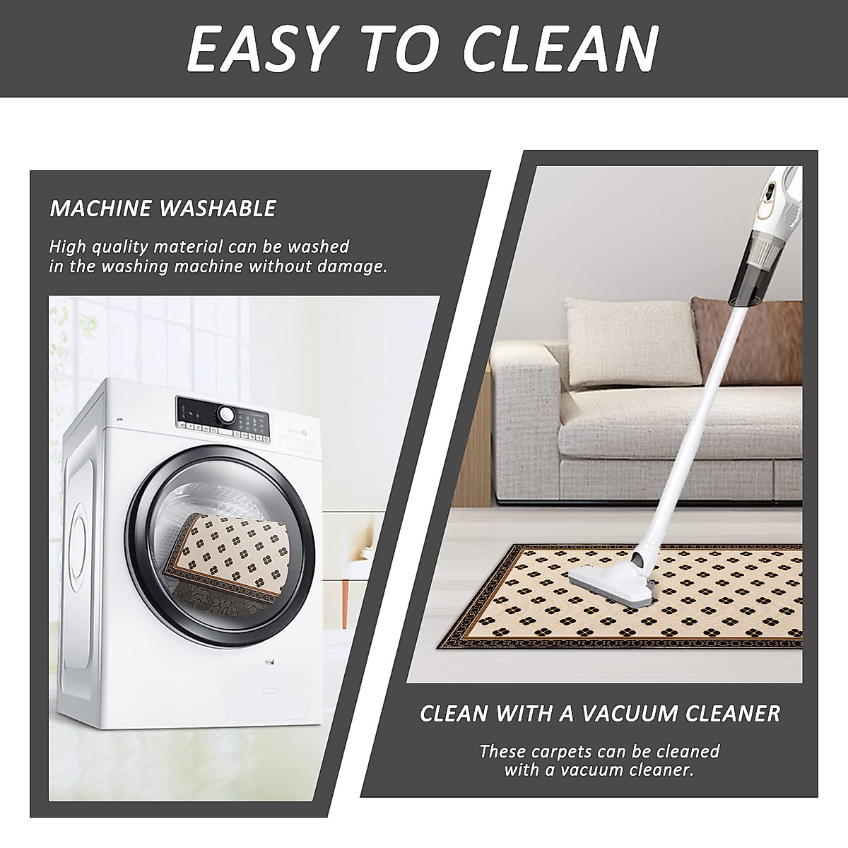 AUTODECO 2 PCS Farmhouse Kitchen Mats and Rug Set - Vintage Water Absorb Microfiber Kitchen Rug Non Skid Washable for Bathroom Laundry Room 17"x29.5"+17"x47", Beige&Black