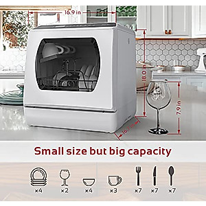 Portable Countertop Dishwasher, 5 Washing Programs Mini Dishwasher with 5L Built-in Water Tank & Inlet Hose, Baby Care & Fruit Wash for Small Apartment, Dorms, RVs -White
