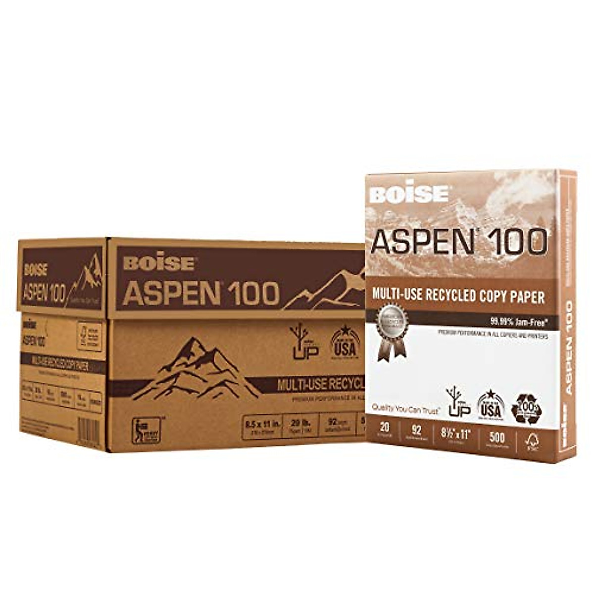 Boise Paper 100% Recycled Multi-Use Copy Paper, 8.5" x 11" Letter, 92 Bright White, 20 lb, 10 Ream Carton (5,000 Sheets)