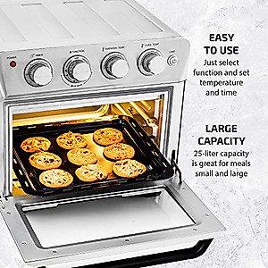 Ovente Air Fryer Toaster Oven, 1700W Stainless Steel Countertop Convection Oven Combo, 26 Qt Large Capacity with Accessories Perfect for Rotisserie and Dehydrator Chicken Pizza, Silver OFM2025BR