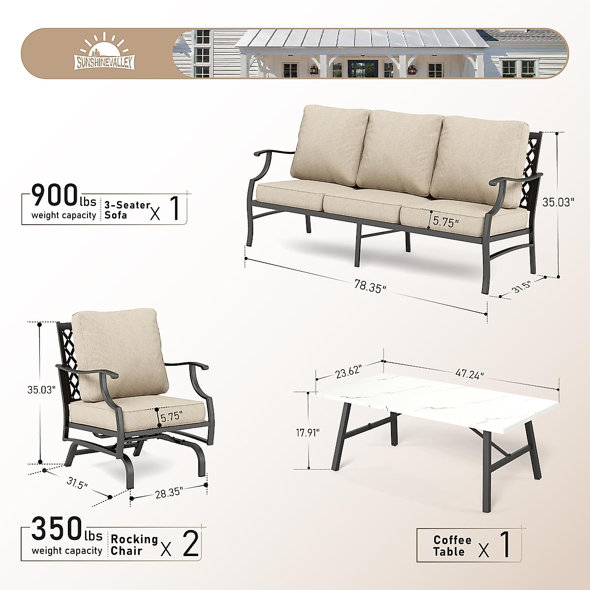SUNSHINE VALLEY Patio Furniture Set, 4 Piece Modern Metal Outdoor Patio Furniture, 3 Seater Sofa, 2 Rocking Chairs, Coffee Table and 5.75" Extra Thick Cushion, Patio Conversation Set for Deck Backyard