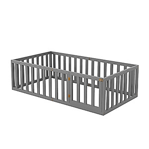 LZ LEISURE ZONE Twin Size Daybed Frame with Fence, Solid Wood Floor Bed Frame for Kids with Door, Twin Platform Bed for Boys and Girls, Gray