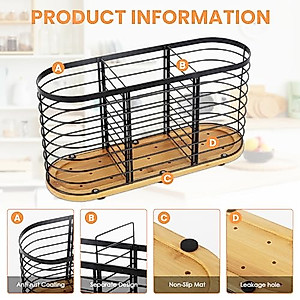 Utensil holder for Kitchen Counter- Large Utensils Holder For Farmhouse Cooking 13.5" x 4.3" x 6.9" with Wooden Base Matte Black Cooking Utensil Holder Spatula Holder Utensil Caddy