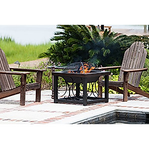 Fire Sense 61331 Fire Pit Cocktail Square Table Wood Burning Steel Mesh Spark Screen Wood Grate Screen Lift Steel Firepit with Log Storage Rack - Hammer Tone Bronze Finish