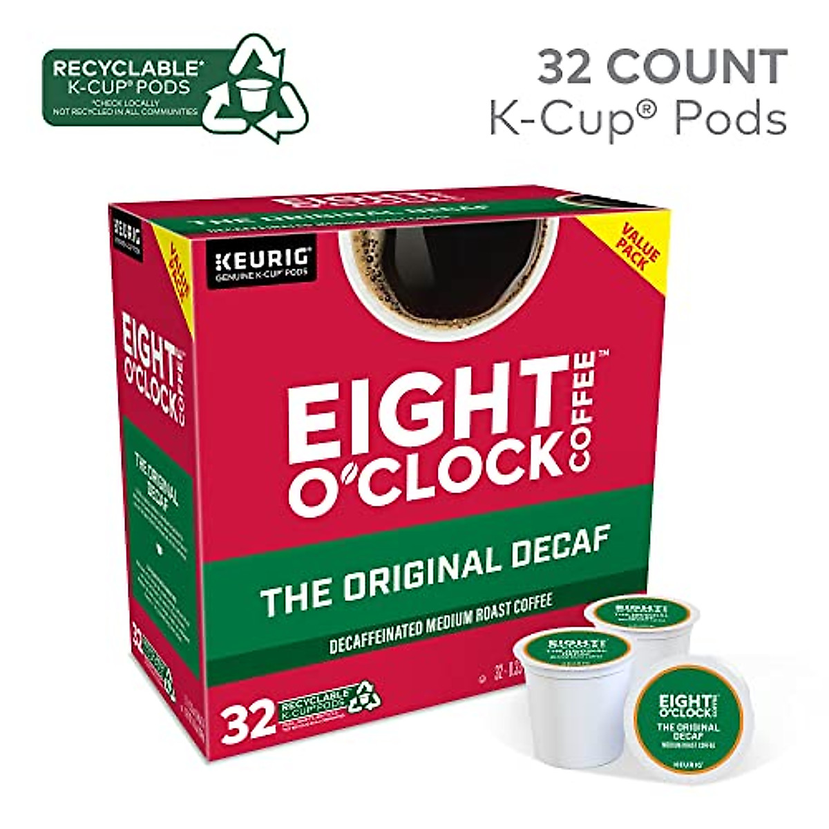 Eight O'Clock Coffee The Original Decaf, Single-Serve Keurig K-Cup Pods, Medium Roast Coffee Pods, 1 Count (Pack of 32)