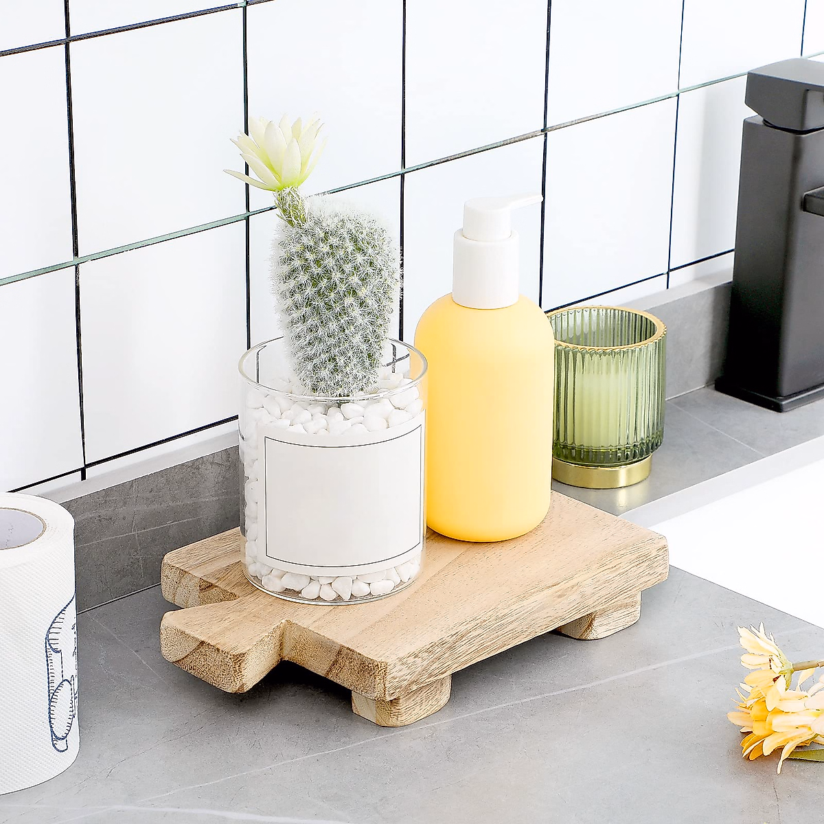 Wood Pedestal Stand Riser Wood Footed Tray for Bathroom Home Kitchen Wooden Soap Holder for Bottles Plant Makeup Tissues Candles Guest Jewelry Soap(Classic Color, 1.57 x 6 x 9 Inch)