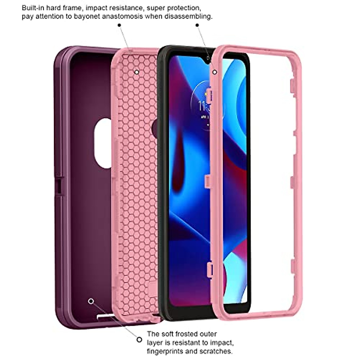 Qinmay Moto G Pure Case with Screen Protector (2 Pcs), WineRed Pink Heavy Duty Shockproof TPU+PC Protection