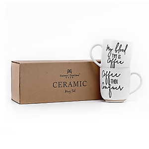 Taimei Teatime 14.5 oz Ceramic Coffee Mug Set of 2, My Blood Type is Coffee & Coffee Then Conquer Coffee Cup Sets, Mugs Gift Set for Couple & Coffee Lovers, Dishwasher and Microwave Safe