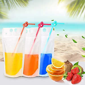 100PCs Drink Pouches with 100PCS Individual Wrapped Straws, Yamgqus Freezable Juice Pouches DIY Reclosable Zipper Drink Bags for Adults and Kids, Silicone Funnel Included - 17oz (100 Pack)