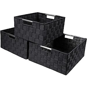 Sorbus Storage Box Woven Basket Bin Container Tote Cube Organizer Set Stackable Storage Basket Woven Strap Shelf Organizer Built-In Carry Handles (Black)