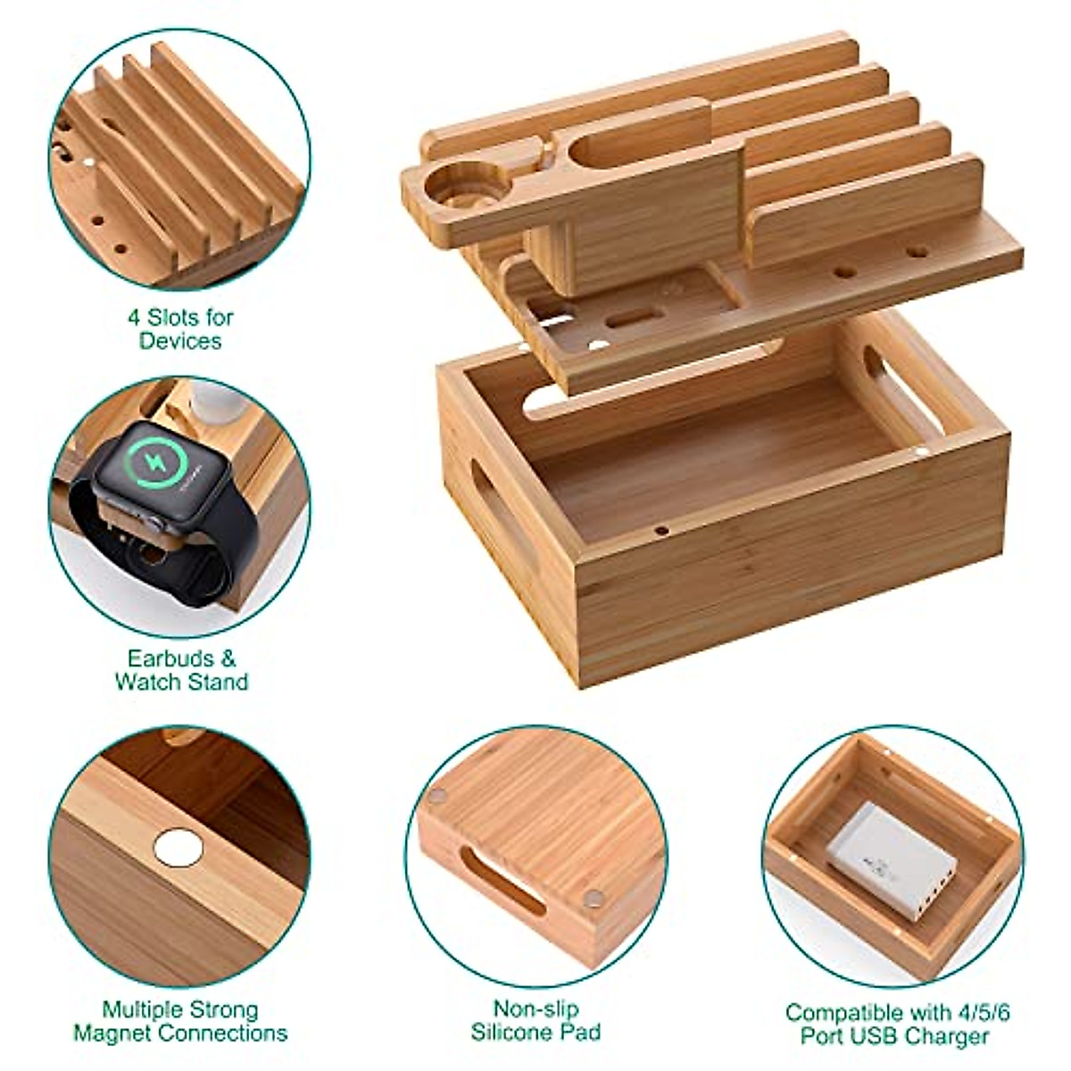 Pezin & Hulin Bamboo Charging Station for Multiple Devices (Included 5 Port USB Charger, 6 Pack Charge & Sync Cables, SmartWatch & Earbuds Stand), Electronic Device Desktop Dock Stations Organizer