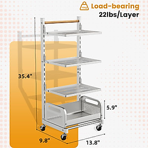Aratan 4 Tier Rolling Cart, Metal Utility Cart on Wheels, Detachable Small Kitchen Cart Storage Organizer Cart with Wooden Handle for Home, Office and Classroom