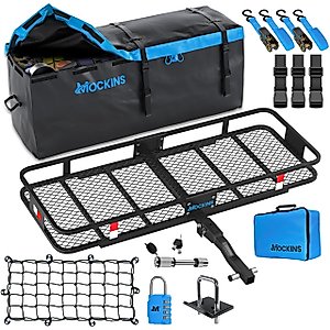 Mockins 60x20x6 Heavy-Duty Trailer Hitch Cargo Carrier 500lb Cap & 16 CuFt Soft Shell Waterproof Luggage Cargo Bag |Folding Hitch Cargo Carrier w/Net & Hitch Accessories |2" Receiver Hitch Cargo Rack