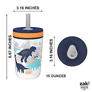 Zak Designs Kelso Toddler Cups For Travel or At Home, 15oz 2-Pack Durable Plastic Sippy Cups With Leak-Proof Design is Perfect For Kids (DinoRoar, Zaksaurus)