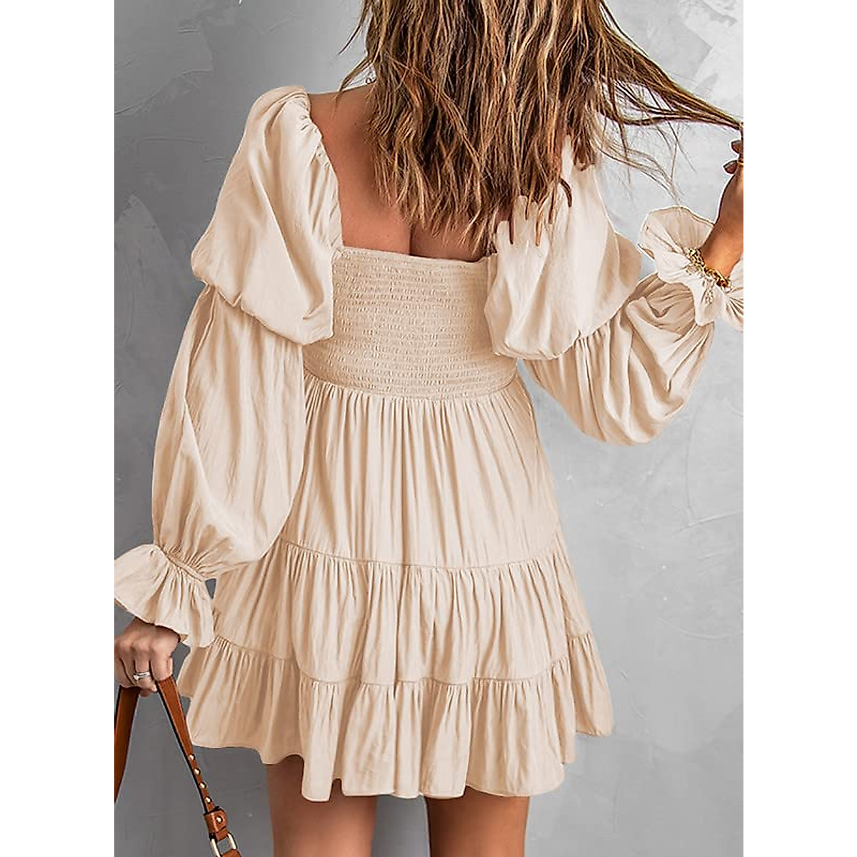 Dokotoo Womens Dress Spring Summer Dresses for Women 2025 Birthday Wedding Guest Dresses Casual Sexy Off The Shoulder Square V Neck Long Sleeve Smocked A-Line Mini Short Dresses for Women Khaki Medium