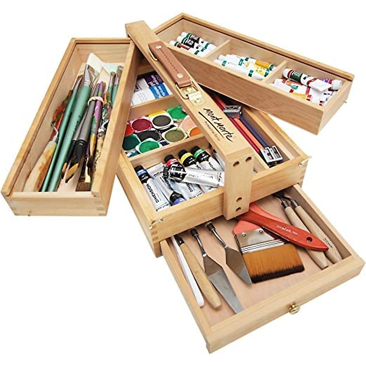 Mont Marte Multi-Purpose Wooden Art Box. 3 Layers of Storage for Organizing Art Supplies. Features a Leather Carry Handle for Easy Transport