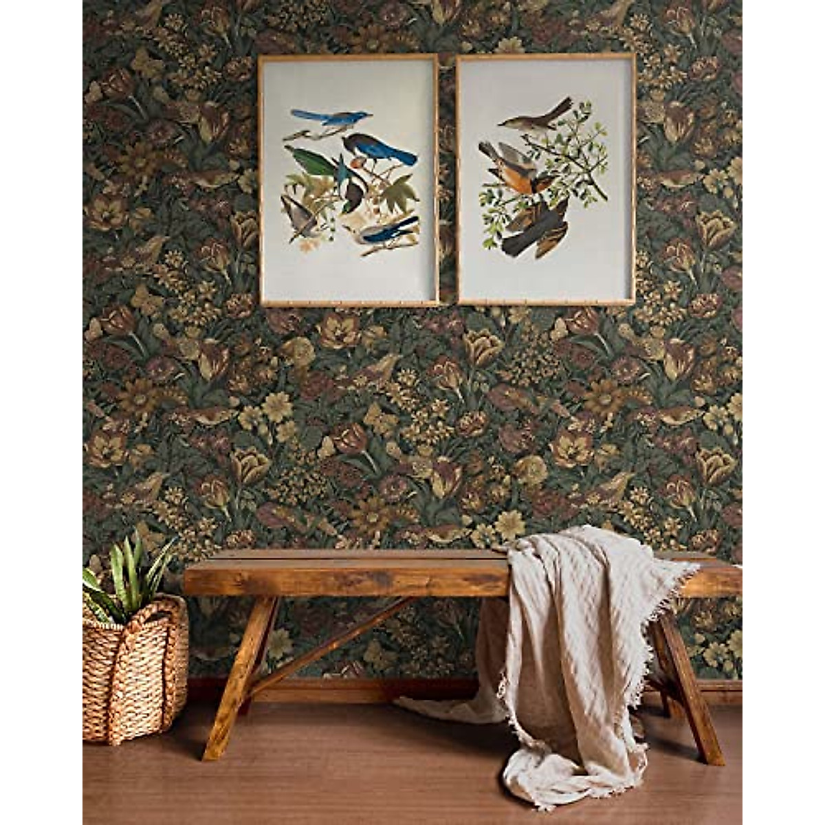 NextWall Bird Floral Vintage Peel and Stick Wallpaper (Mahogany & Graphite)