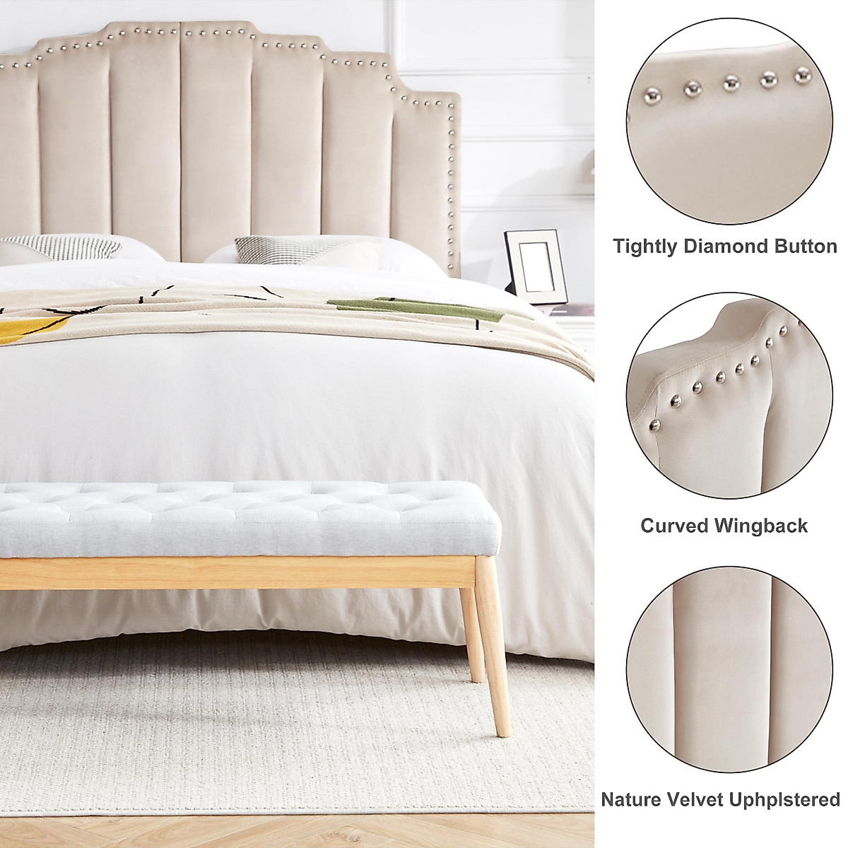 Kingfun Mid Century Headboard for Queen Size Bed,Velvet Upholstered Tufted Bed Headboard with Nailhead Decor,Adjustable Curved Solid Wood Head Board Vertical Channel Design (Medium Beige)