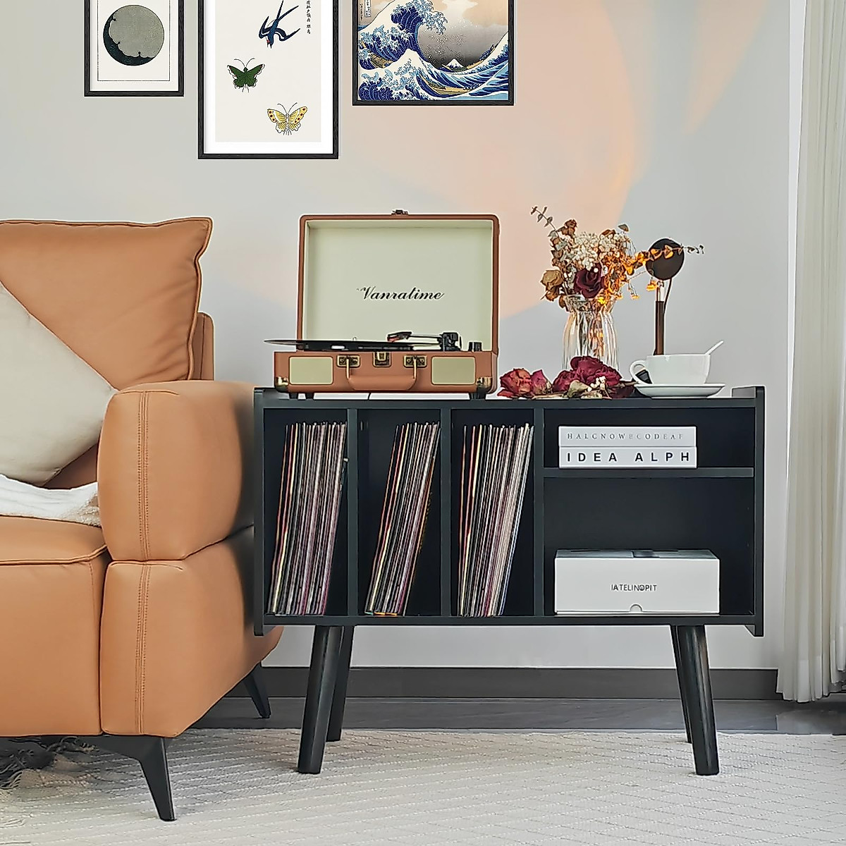 Record Player Stand with Vinyl Storage Holds Up to 300lb, Large Record Player Table Cabinet for Album Storage with Holder Vinyl Display Shelf, Wood Turntable Stand for Bedroom Living Room (Black)