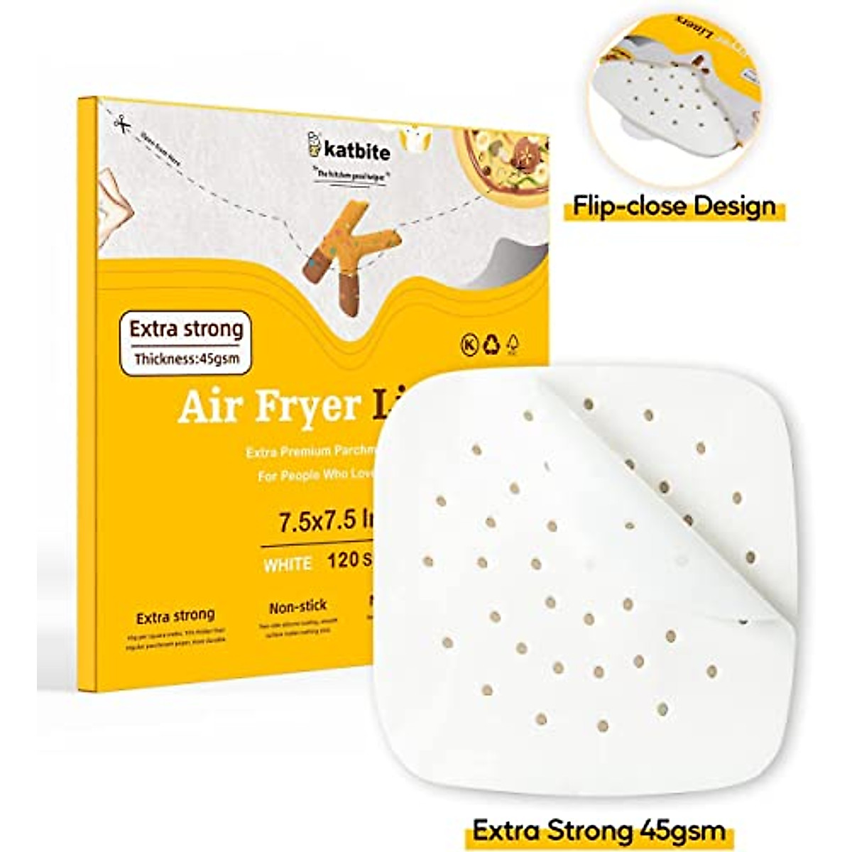 Katbite Air Fryer Parchment Paper, 7.5 inch Heavy Duty Square Air Fryer Liners, Perforated Parchment Paper for Air Fryer, Oven, Steamer, Pans, Extra Strong, No Burn, Easy Cleanup, 120Pcs